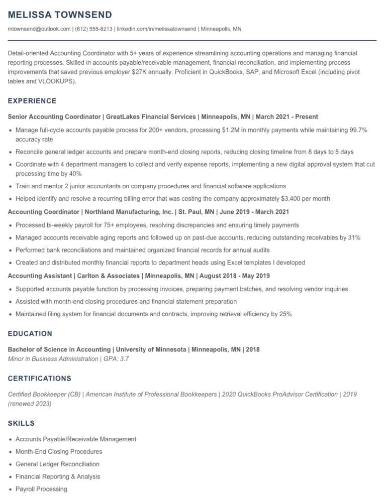 Accounting Coordinator Resume Examples & Templates 2025 - Resume.AI
