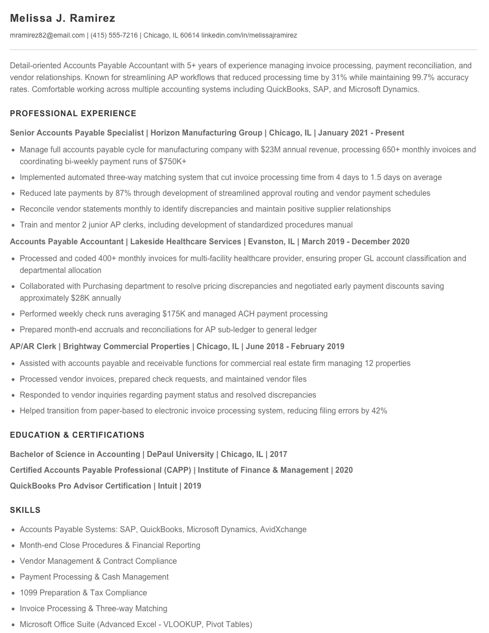 Accounts Payable Accountant Resume Examples & Templates 2025 - Resume.AI