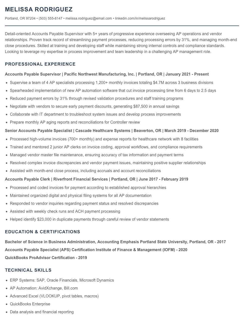 Accounts Payable Supervisor Resume Examples & Templates 2025 - Resume.AI