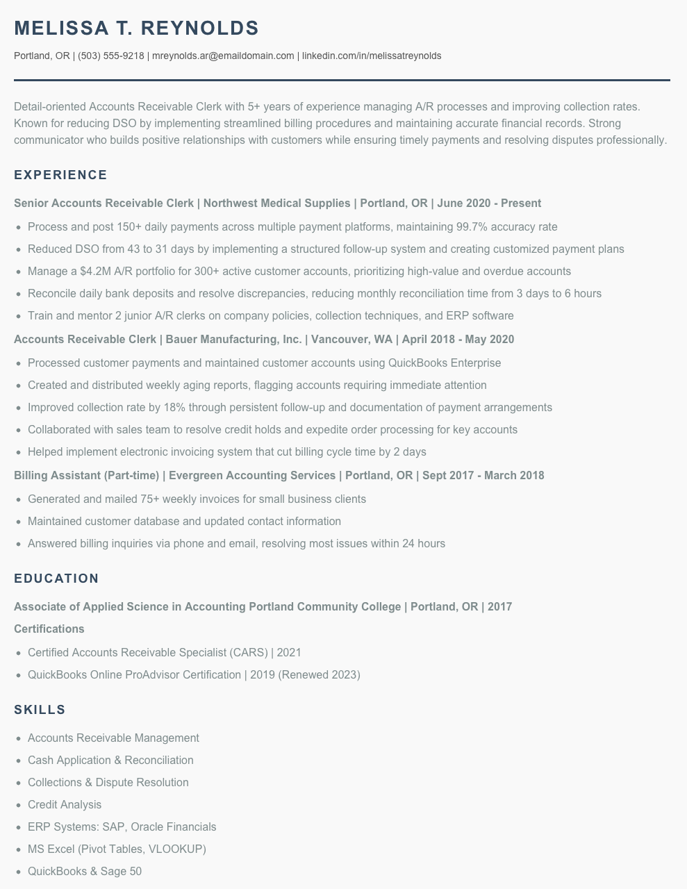 Accounts Receivable Clerk Resume Examples & Templates 2025 - Resume.AI