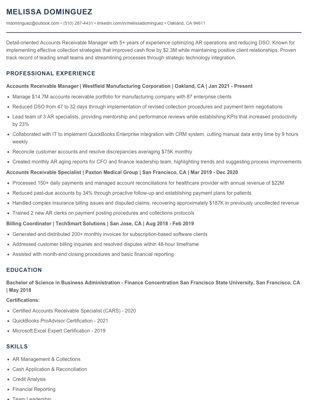Accounts Receivable Manager Resume Examples & Templates 2025 - Resume.AI