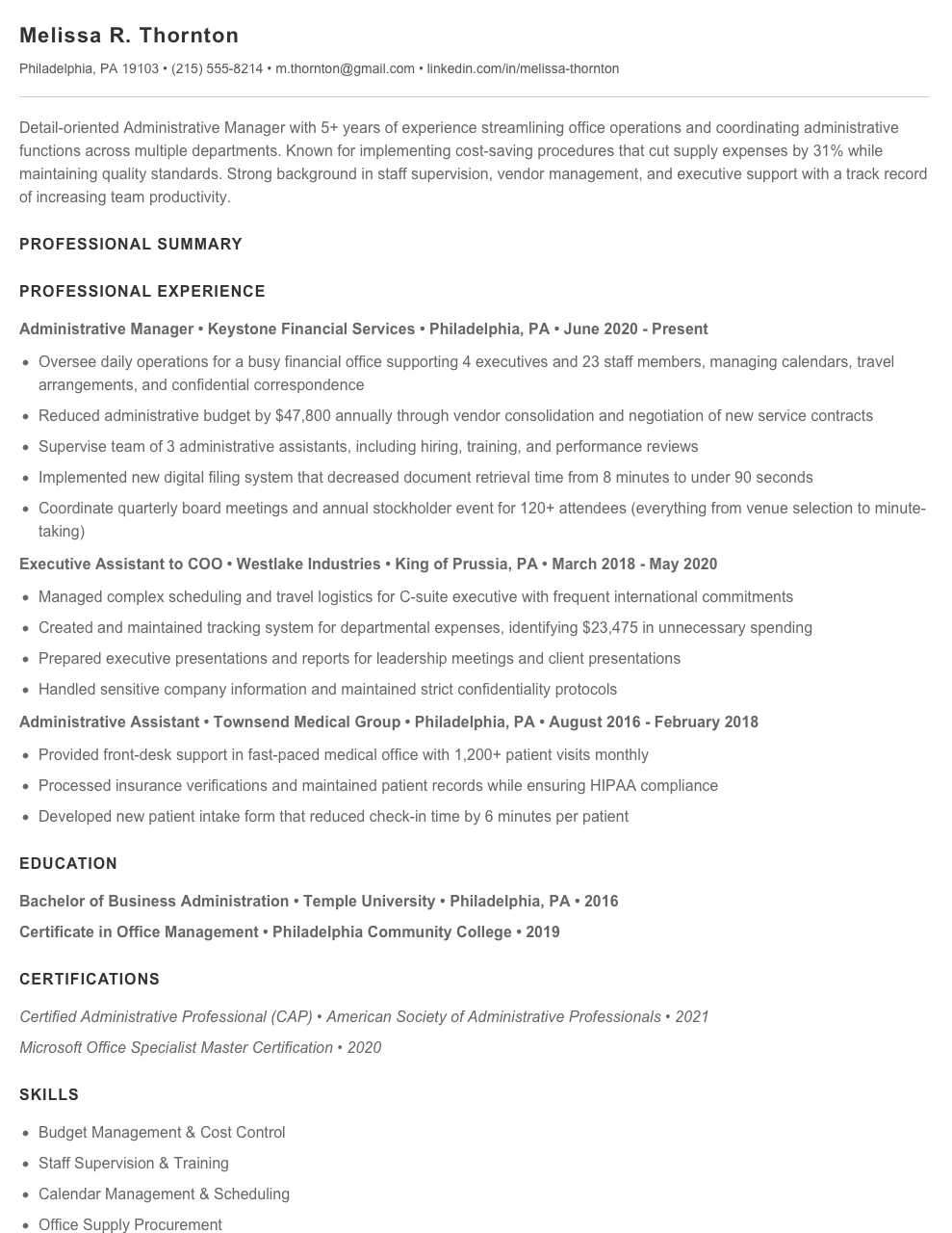 Administrative Manager Resume Examples & Templates 2025 - Resume.AI