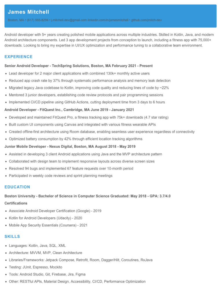 Android Developer Resume Examples & Templates 2025 - Resume.AI