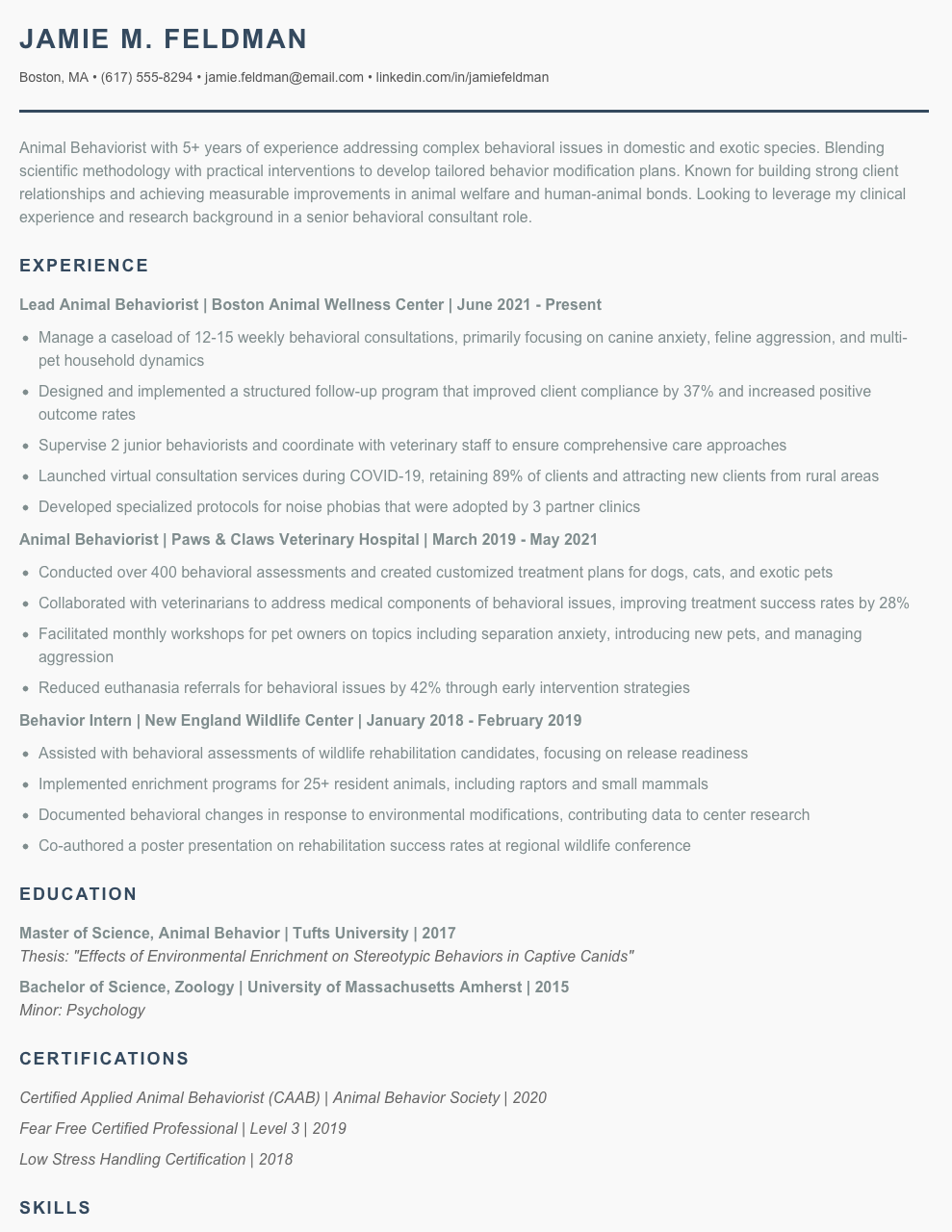 Animal Behaviorist Resume Examples & Templates 2025 - Resume.AI