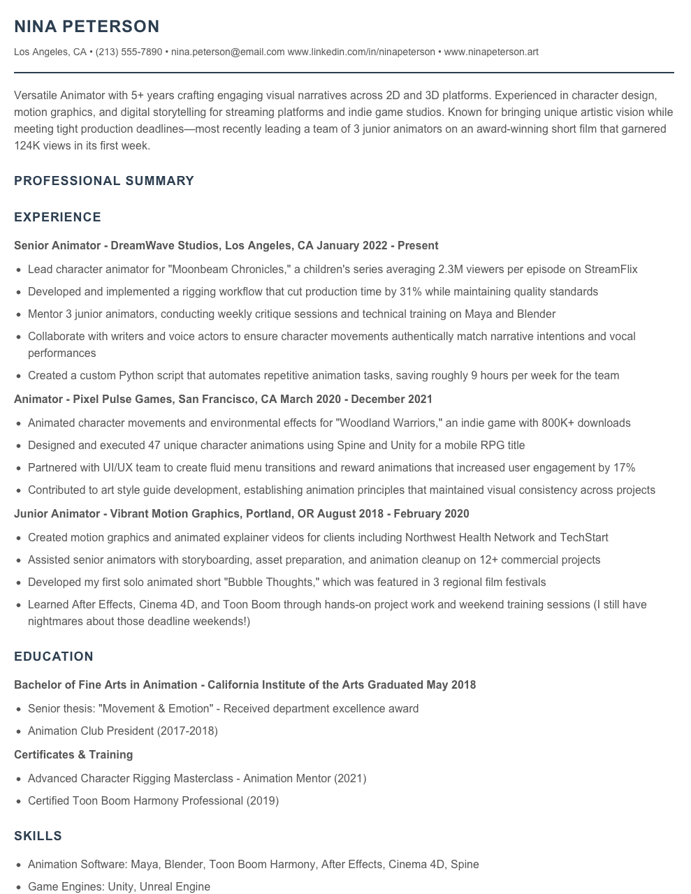 Animator Resume Examples & Templates 2025 - Resume.AI