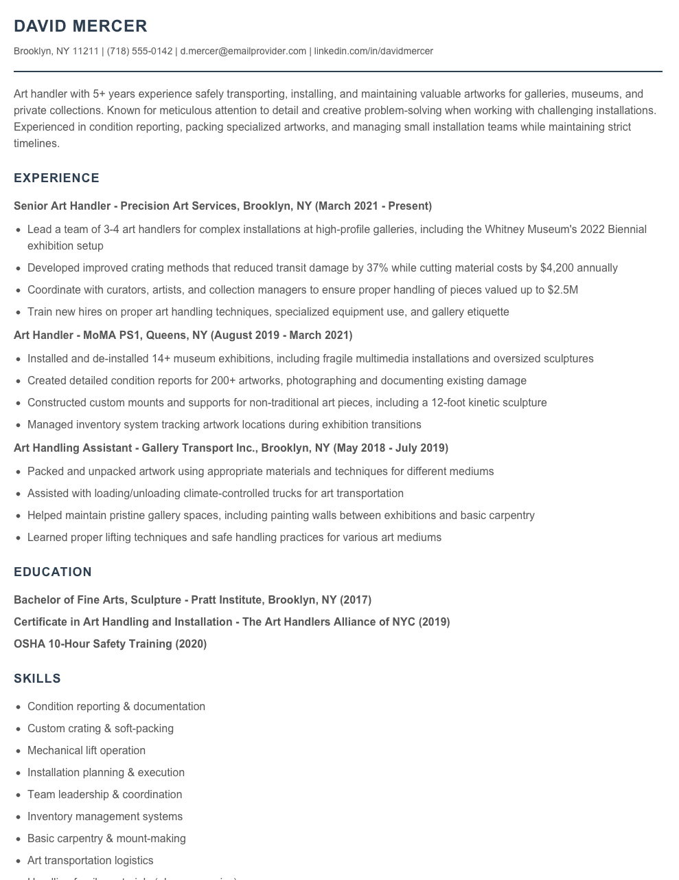 Art Handler Resume Examples & Templates 2025 - Resume.AI
