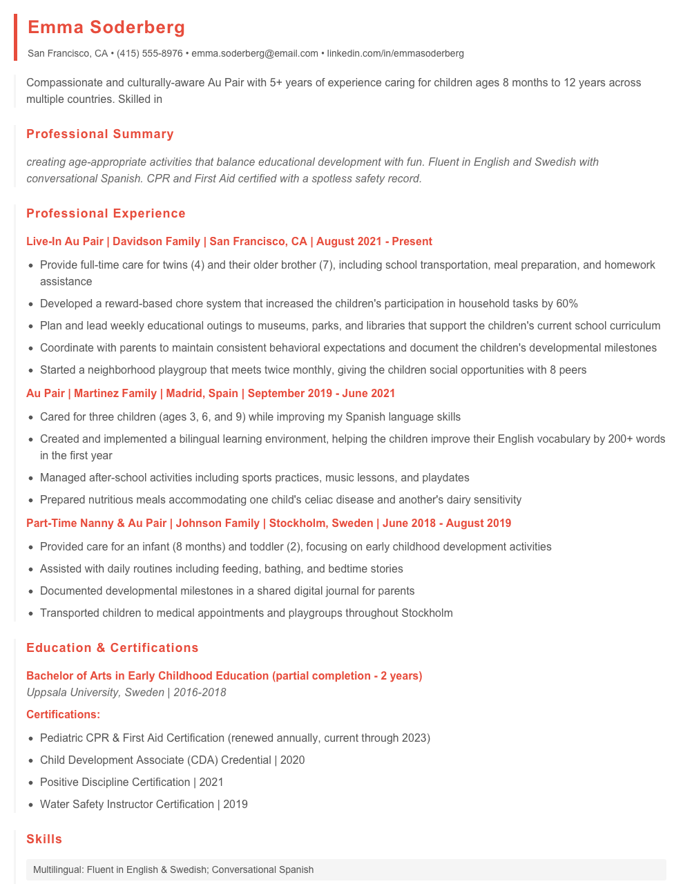 Au Pair Resume Examples & Templates 2025 - Resume.AI