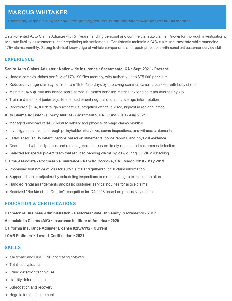 Auto Claims Adjuster Resume Examples & Templates 2025 - Resume.AI