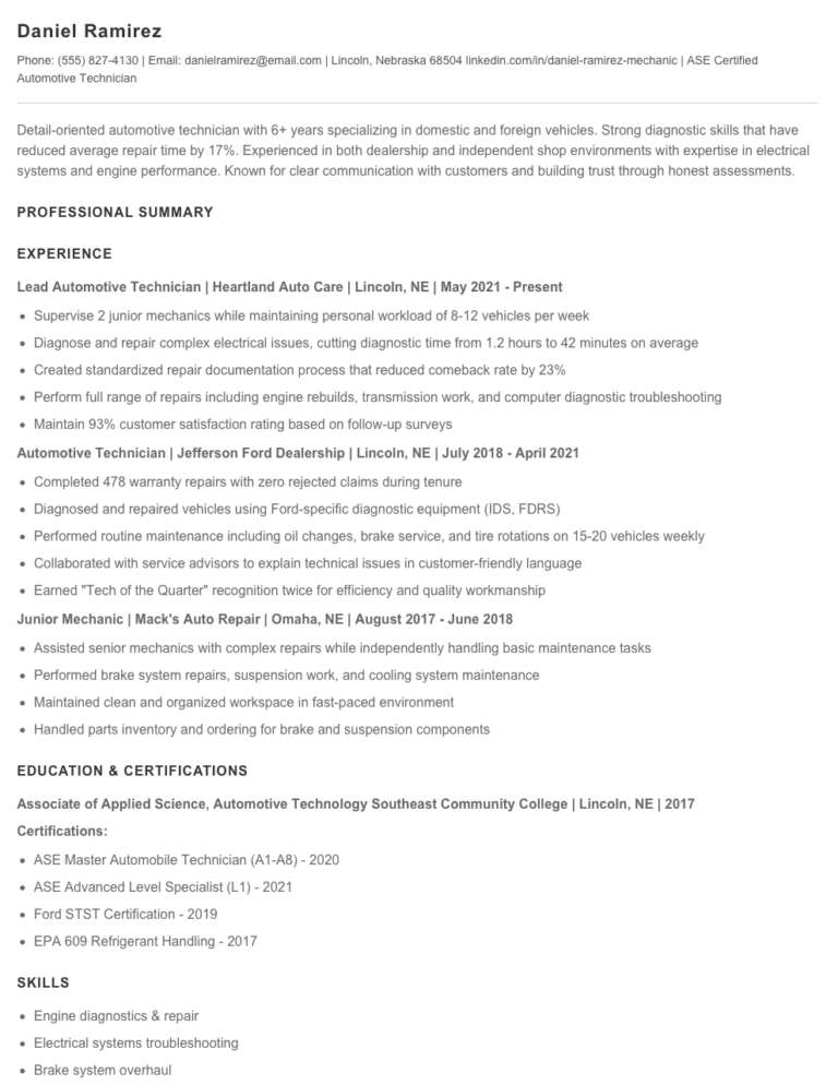 Auto Mechanic Resume Examples & Templates 2025 - Resume.AI