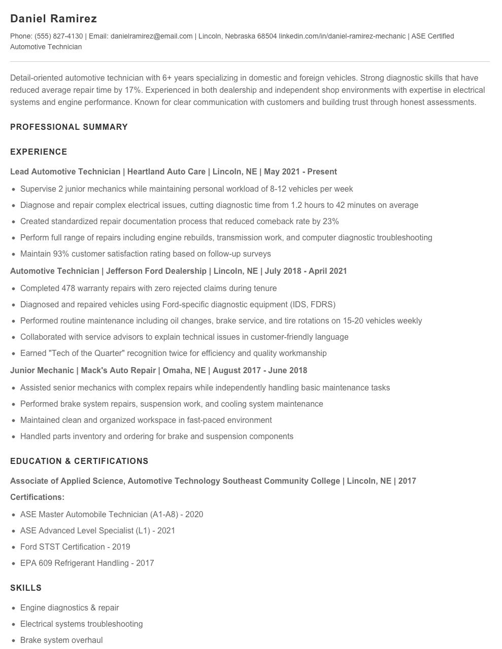 Auto Mechanic Resume Examples & Templates 2025 - Resume.AI