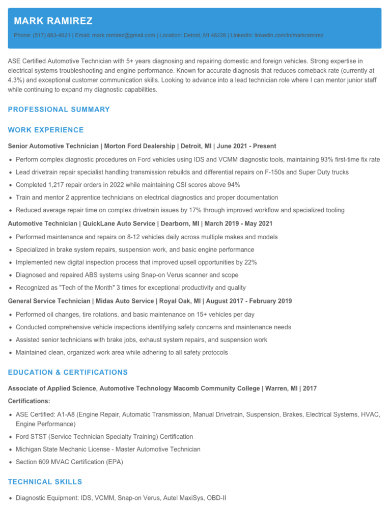 Automotive Technician Resume Examples & Templates 2025 - Resume.AI