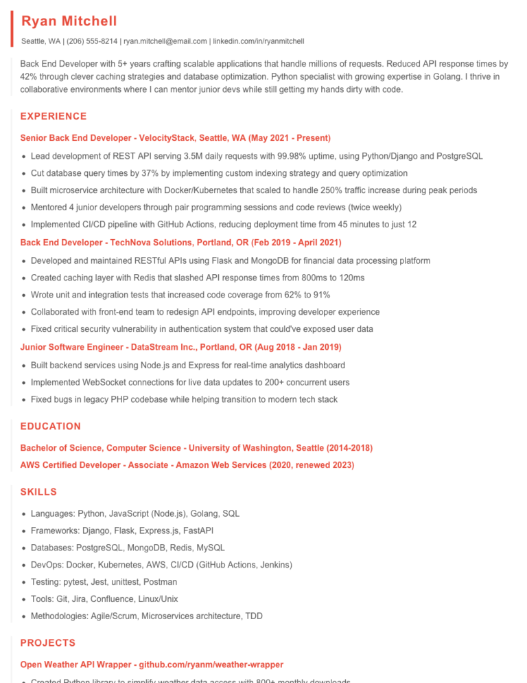 Back End Developer Resume Examples & Templates 2025 - Resume.AI