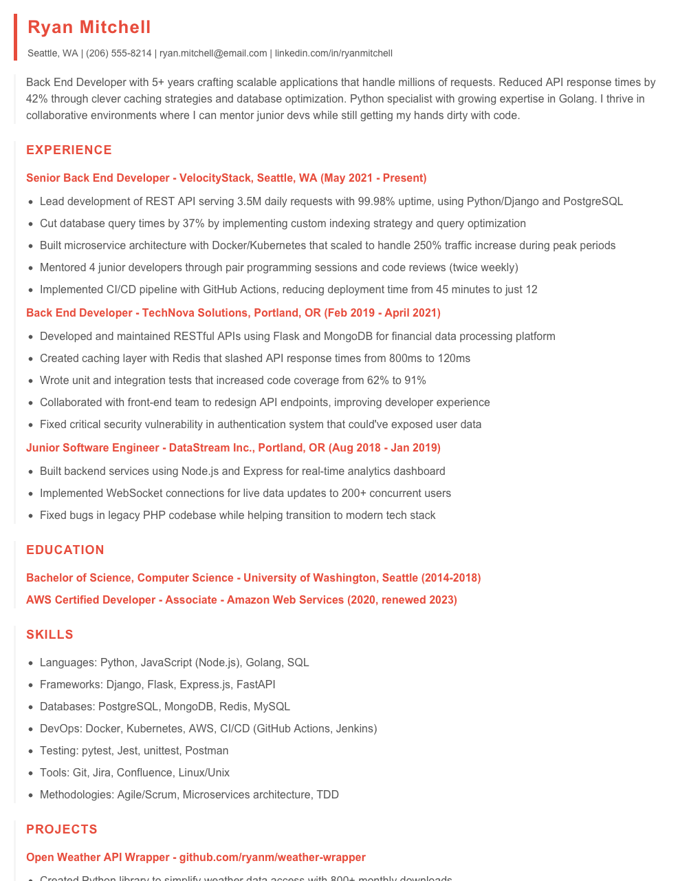 Back End Developer Resume Examples & Templates 2025 - Resume.AI