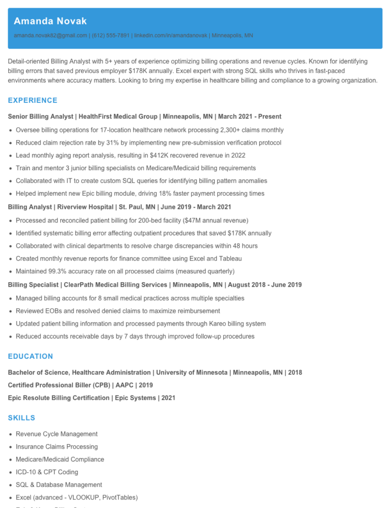 Billing Analyst Resume Examples & Templates 2025 - Resume.AI