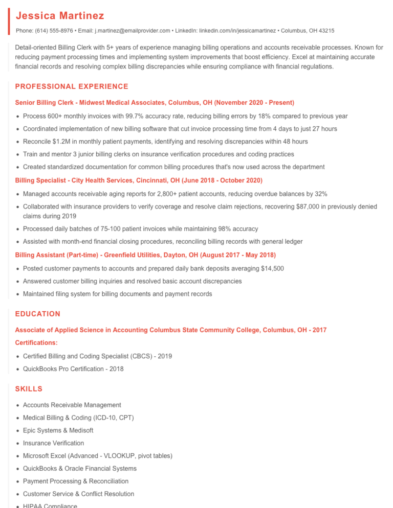 Billing Clerk Resume Examples & Templates 2025 - Resume.AI