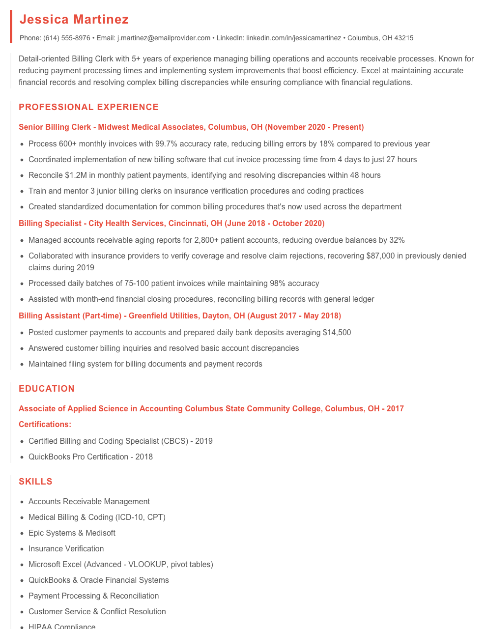 Billing Clerk Resume Examples & Templates 2025 - Resume.AI