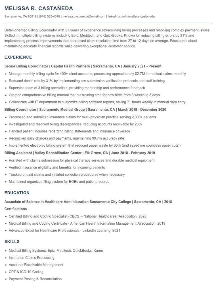 Billing Coordinator Resume Examples & Templates 2025 - Resume.AI