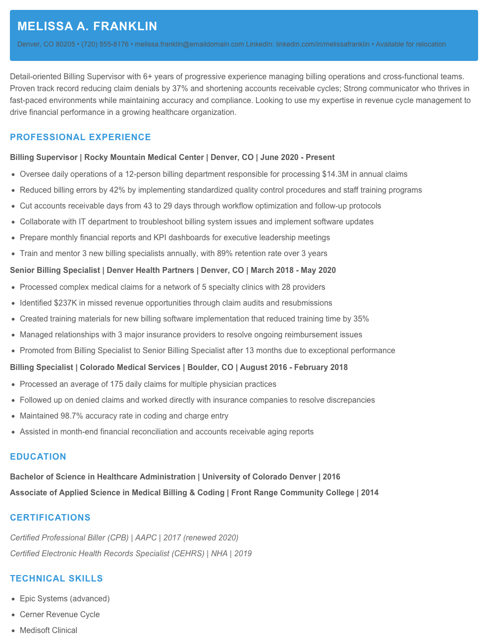 Billing Supervisor Resume Examples & Templates 2025 - Resume.AI