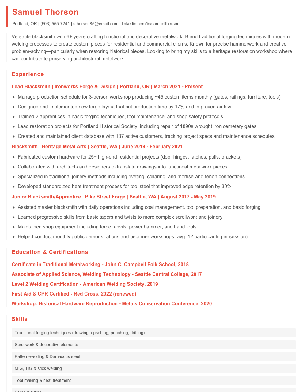 Blacksmith Resume Examples & Templates 2025 - Resume.AI