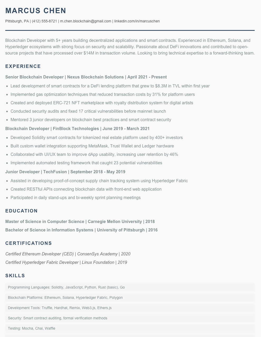 Blockchain Developer Resume Examples & Templates 2025 - Resume.AI