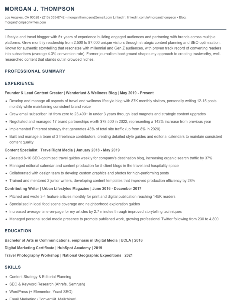 Blogger Resume Examples & Templates 2025 - Resume.AI
