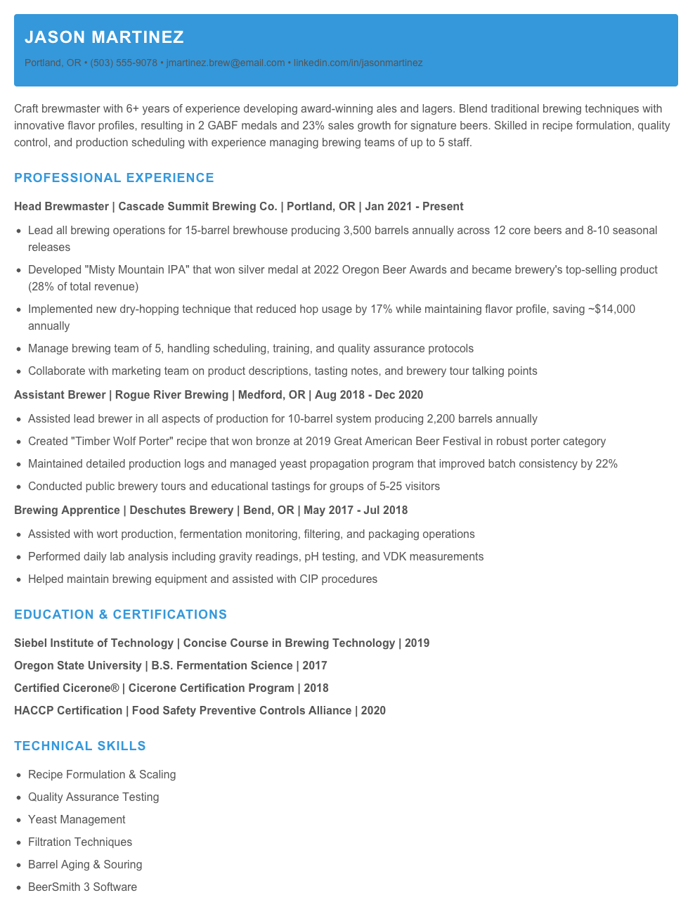 Brewmaster Resume Examples & Templates 2025 - Resume.AI