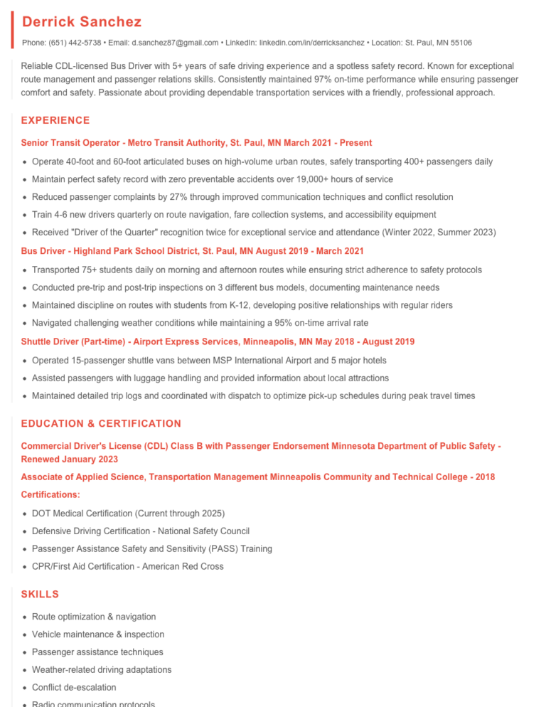 Bus Driver Resume Examples & Templates 2025 - Resume.AI