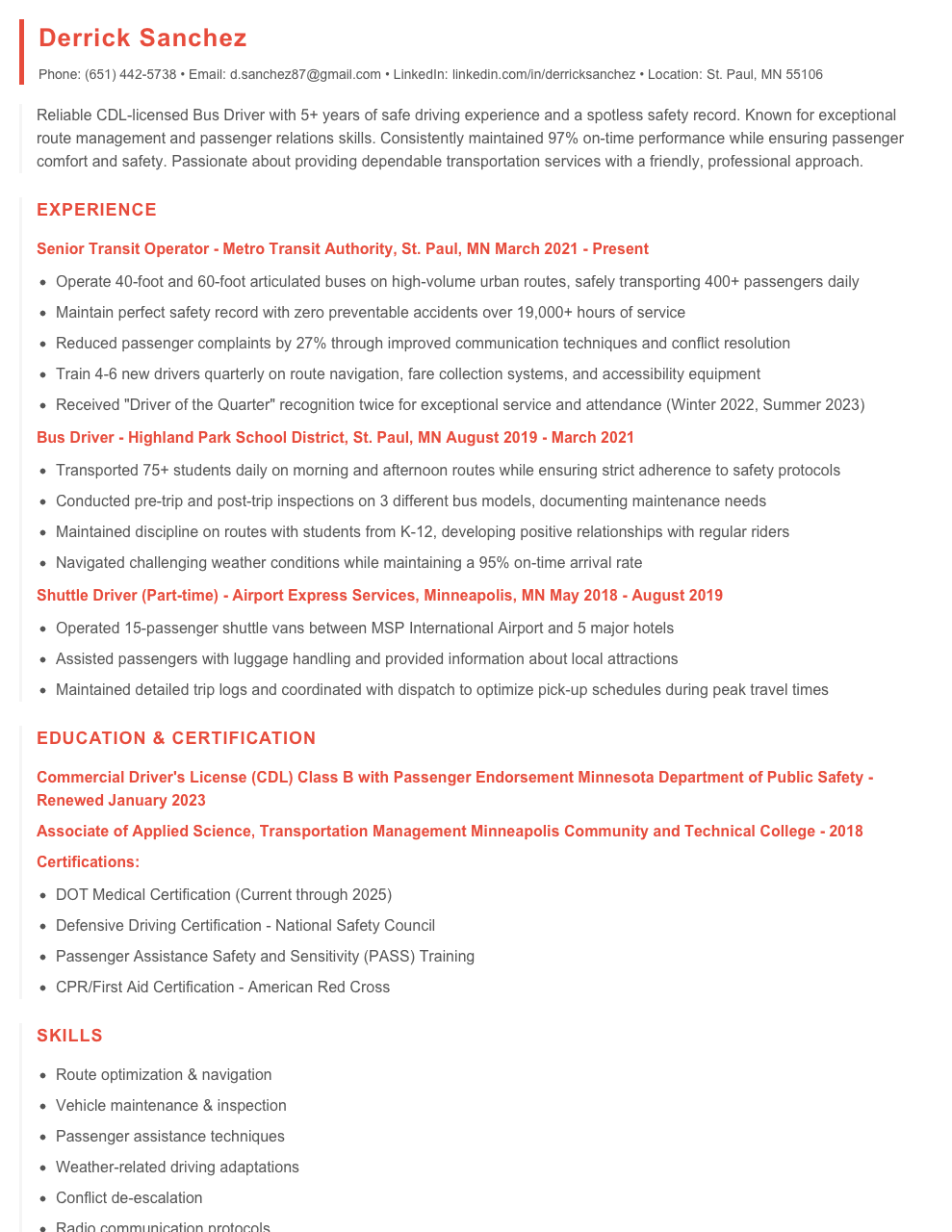 Bus Driver Resume Examples & Templates 2025 - Resume.AI