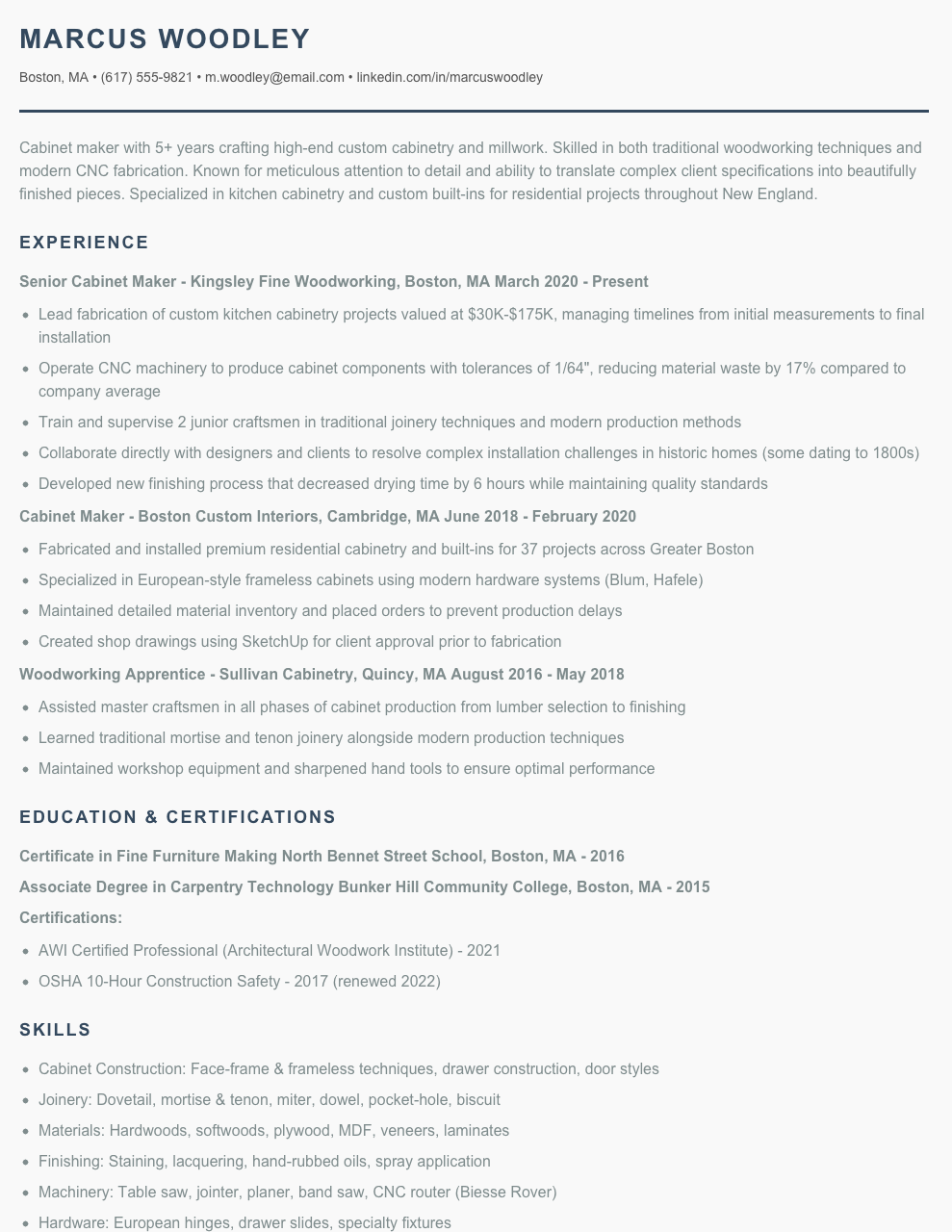 Cabinet Maker Resume Examples & Templates 2025 - Resume.AI