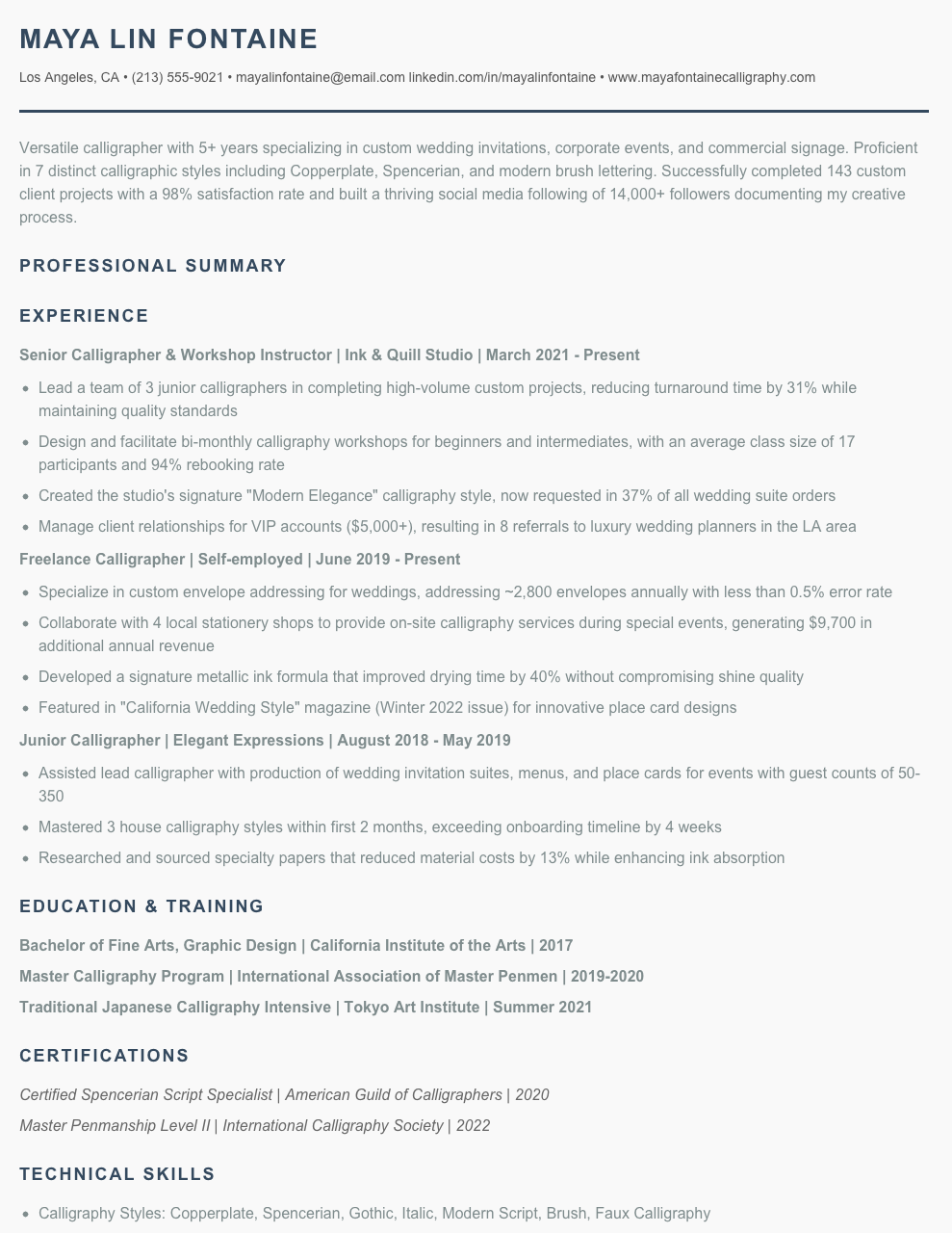 Calligrapher Resume Examples & Templates 2025 - Resume.AI