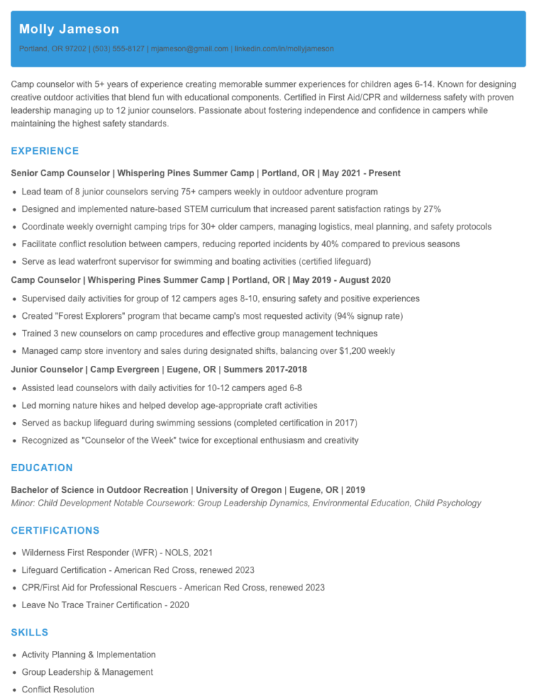 Camp Counselor Resume Examples & Templates 2025 - Resume.AI