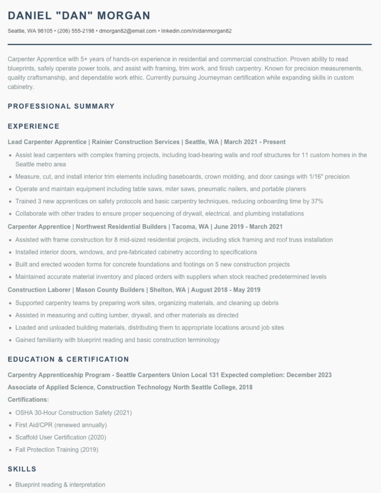 Carpenter Apprentice Resume Examples & Templates 2025 - Resume.AI