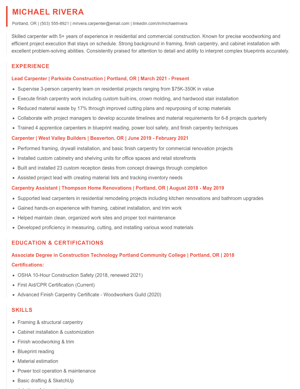 Carpenter Resume Examples & Templates 2025 - Resume.AI