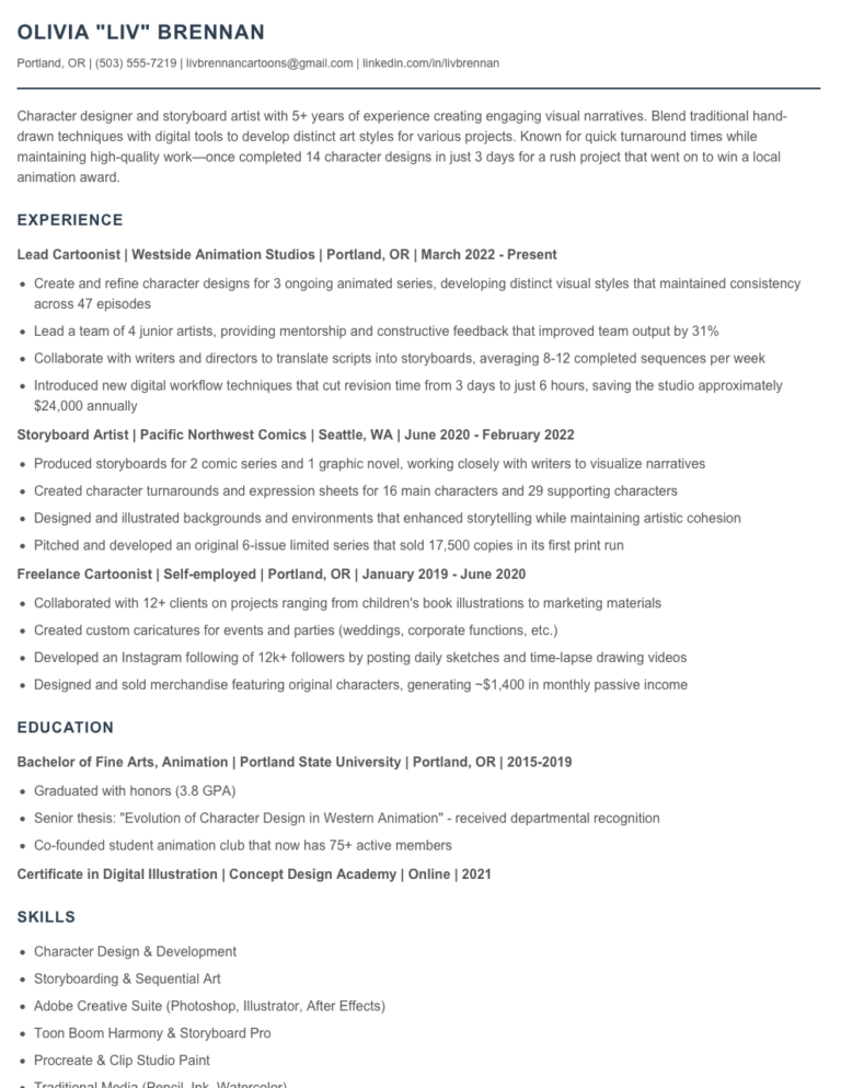 Cartoonist Resume Examples & Templates 2025 - Resume.AI