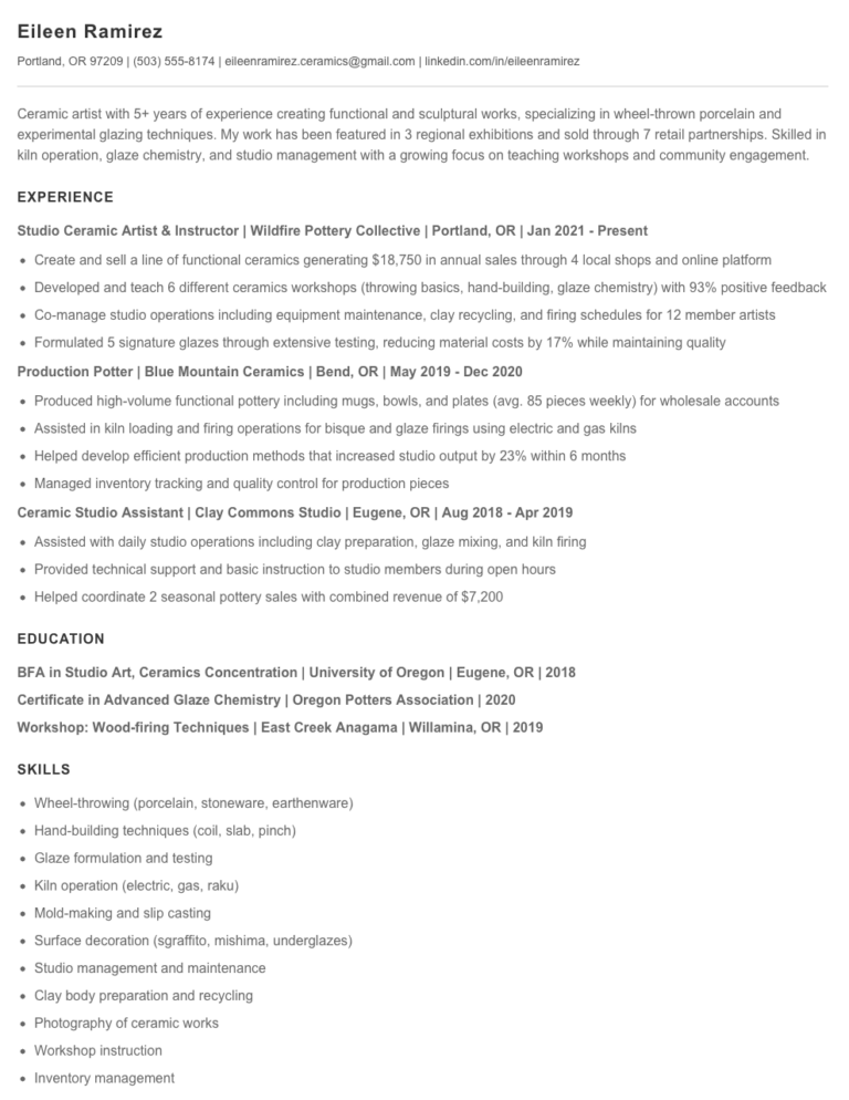 Ceramic Artist Resume Examples & Templates 2025 - Resume.AI
