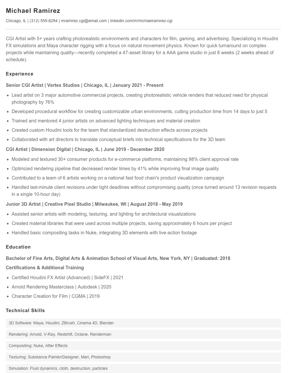 CGI Artist Resume Examples & Templates 2025 - Resume.AI