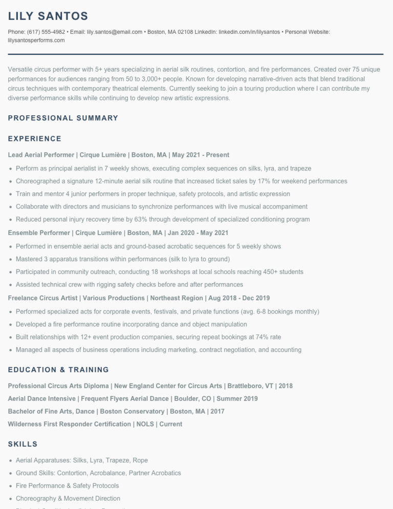 Circus Performer Resume Examples & Templates 2025 - Resume.AI