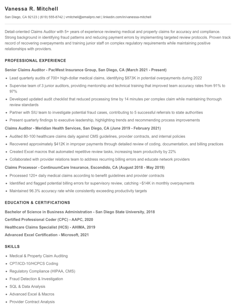 Claims Auditor Resume Examples & Templates 2025 - Resume.AI