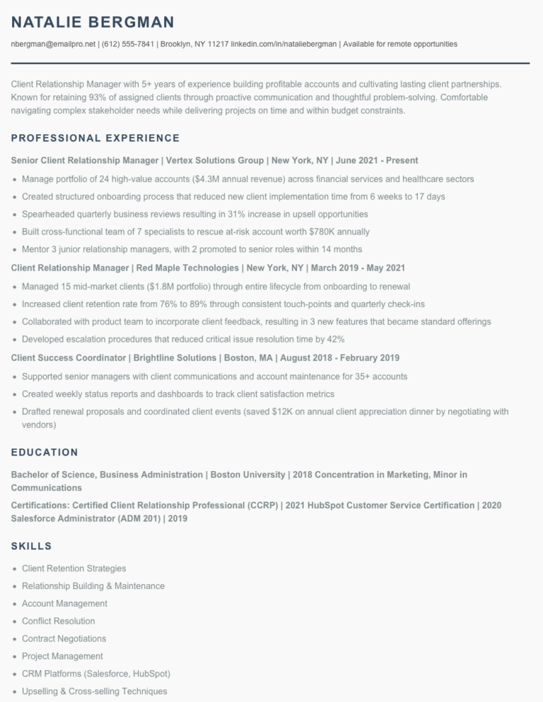 Client Relationship Manager Resume Examples & Templates 2025 - Resume.AI