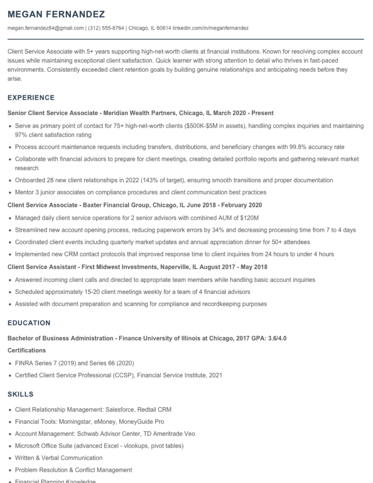 Client Service Associate Resume Examples & Templates 2025 - Resume.AI