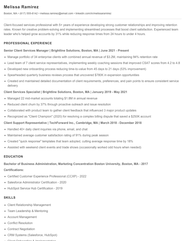 Client Services Manager Resume Examples & Templates 2025 - Resume.AI