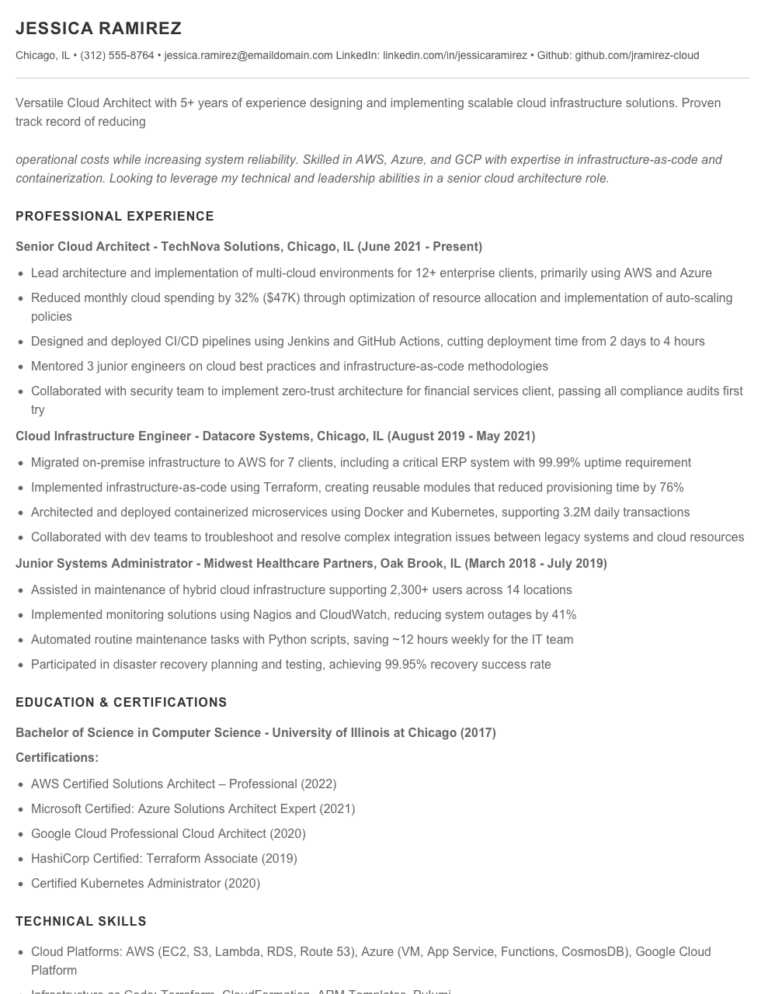 Cloud Architect Resume Examples & Templates 2025 - Resume.AI