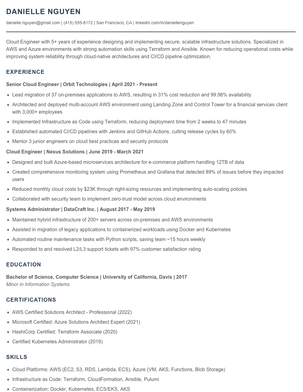 Cloud Engineer Resume Examples & Templates 2025 - Resume.AI