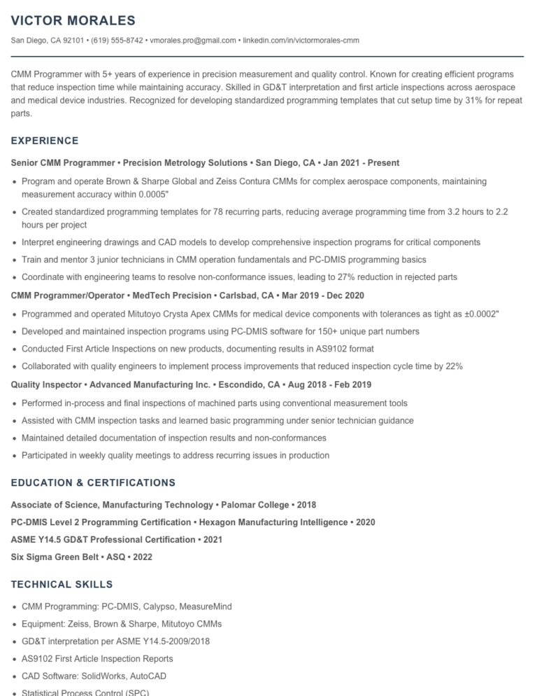 CMM Programmer Resume Examples & Templates 2025 - Resume.AI