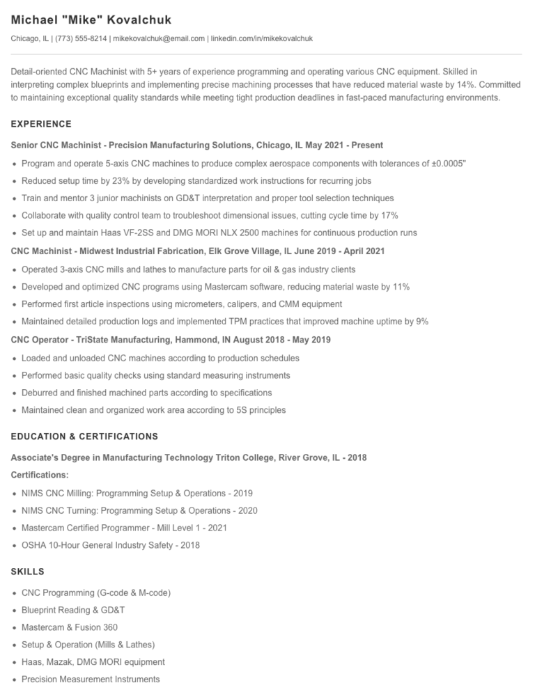 CNC Machinist Resume Examples & Templates 2025 - Resume.AI