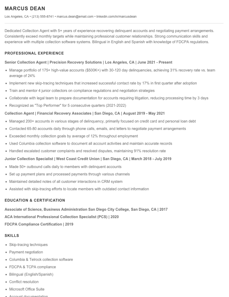Collection Agent Resume Examples & Templates 2025 - Resume.AI