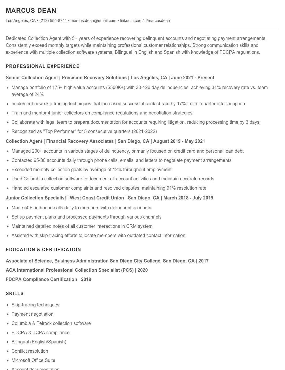 Collection Agent Resume Examples & Templates 2025 - Resume.AI