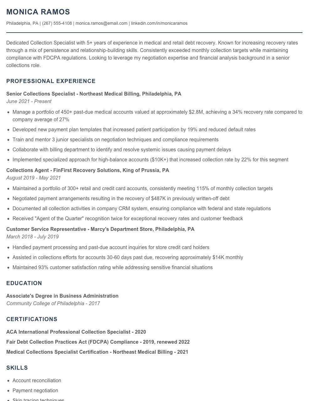 Collection Specialist Resume Examples & Templates 2025 - Resume.AI