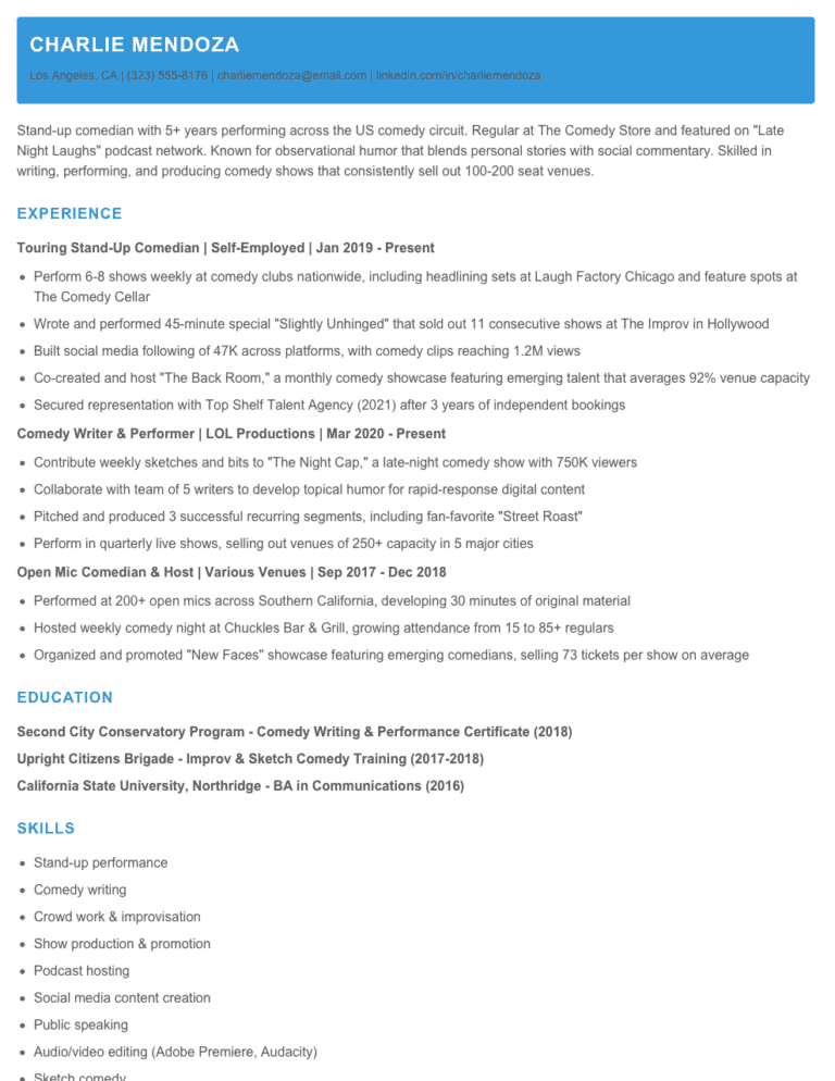 Comedian Resume Examples & Templates 2025 - Resume.AI