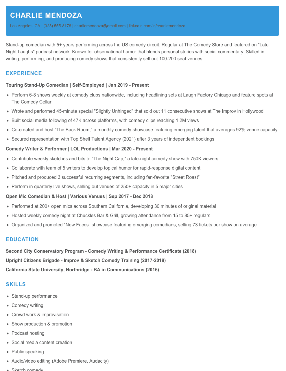 Comedian Resume Examples & Templates 2025 - Resume.AI